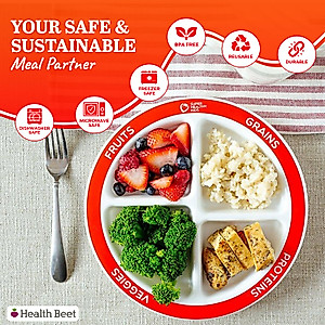 Health Beet MyPlate Portion Control Plate – 4 Divided Sections for Fruit Grains Veggies Proteins - Dishwasher & Microwave Safe Sectioned Plates for Health Education (1-Pack)