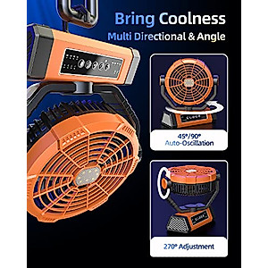 Portable Rechargeable Fan - 20000mAh 9-Inch Camping Fan with Light & Hook for Tent, Outdoor - Battery Powered Fan(60Hrs) - USB Fan for Picnic, BBQ, Fishing, Travel, Jobsite