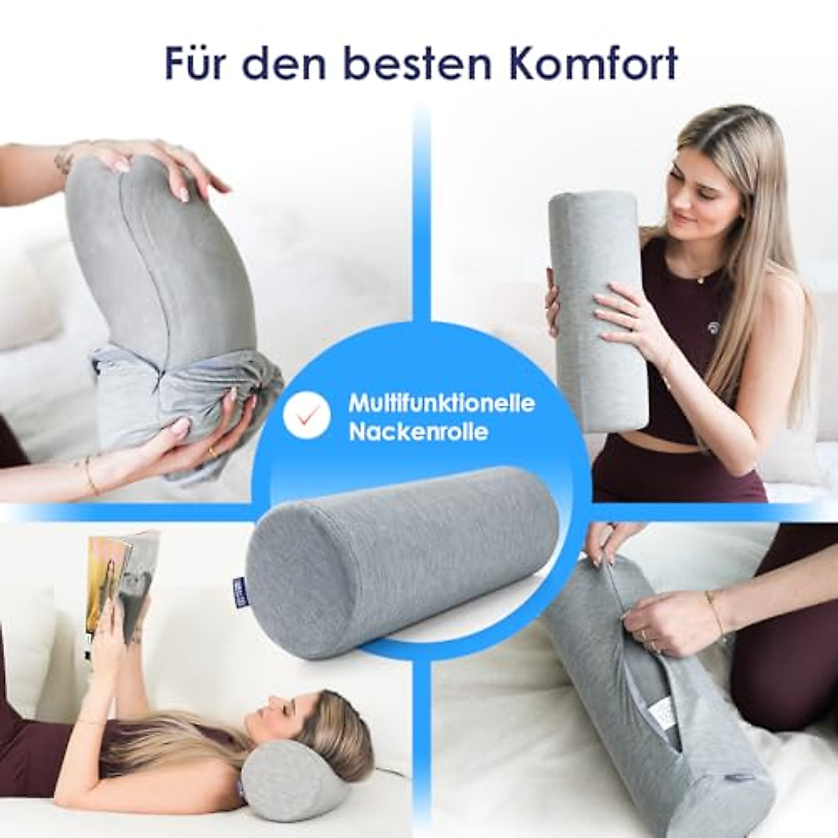 DYNMC you Neck Bolster Pillow Roll with Removable Washable Oeko-TEX Cover - Ultra Comfortable with Memory Foam Core, Round Pillow for Lower Back, Knees, & Neck Support Cylinder Pillows, Grey