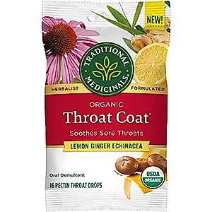 Traditional Medicinals Throat Coat Organic Pectin Throat Drops, Lemon Ginger Echinacea, Soothes Sore Throats, 16ct.