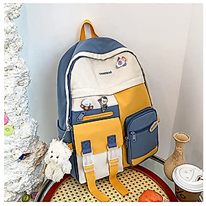 Cute Canvas Kawaii Backpack with Pins 16" Pink Aesthetic Bag Fashion Shoulder Backpack with Hanging Bear Fancy College Bags Lightweight Travel Bag (Blue And Pink)