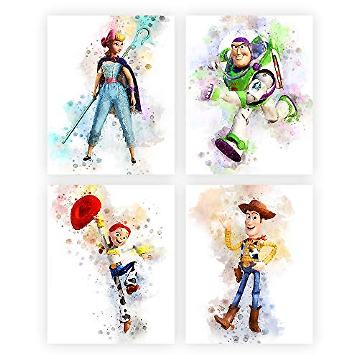 Toy Story Watercolor Wall Art. Buzz. Woody. Jessie. Bo Peep. Nursery Wall Art. 4 Set of 8x10. Unframed
