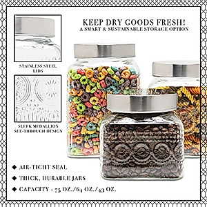 Style Setter Canister Set Decorative Glass Jars Chic Retro Floral Design with Airtight Lids for Cookies, Candy, Coffee, Flour, Sugar, Rice, Pasta, Cereal and More (Medallion Square)