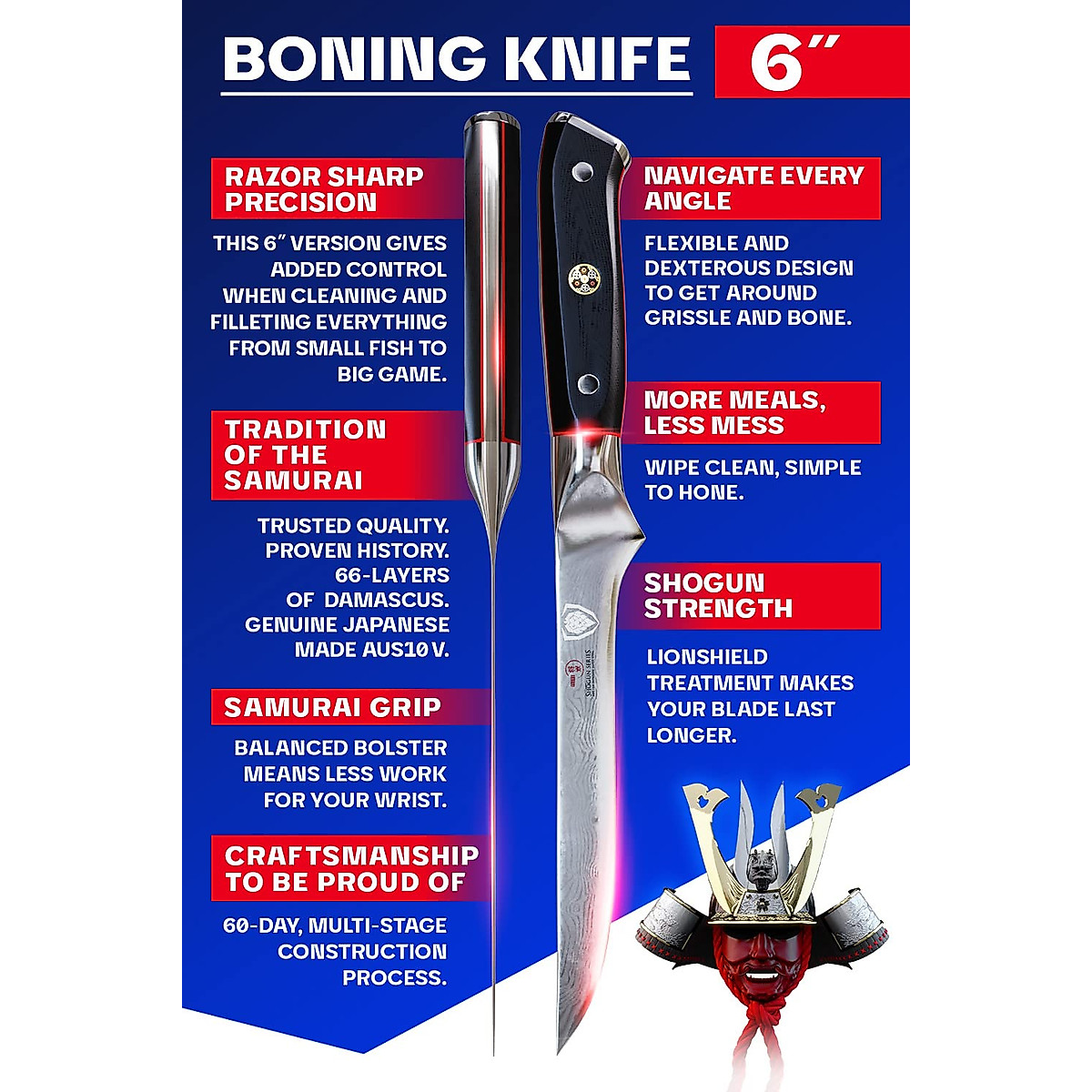 Dalstrong Boning Knife - 6 inch - Shogun Series ELITE - Damascus - AUS-10V Japanese Steel - Fillet Knife - Carving, Boning, Trimming, Deboning - Black G10 Handle - Sheath Included