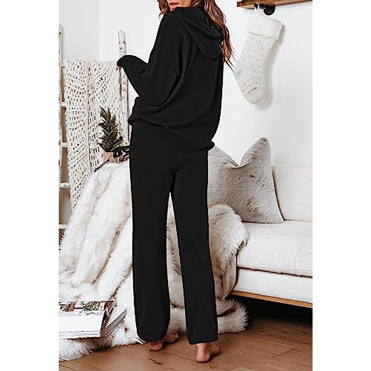 Pink Queen Women's 2 Piece Sweater Outfits Set Pullover Hoodie Top Wide Leg Pants Knit Sweatsuit Lounge Sets Black L