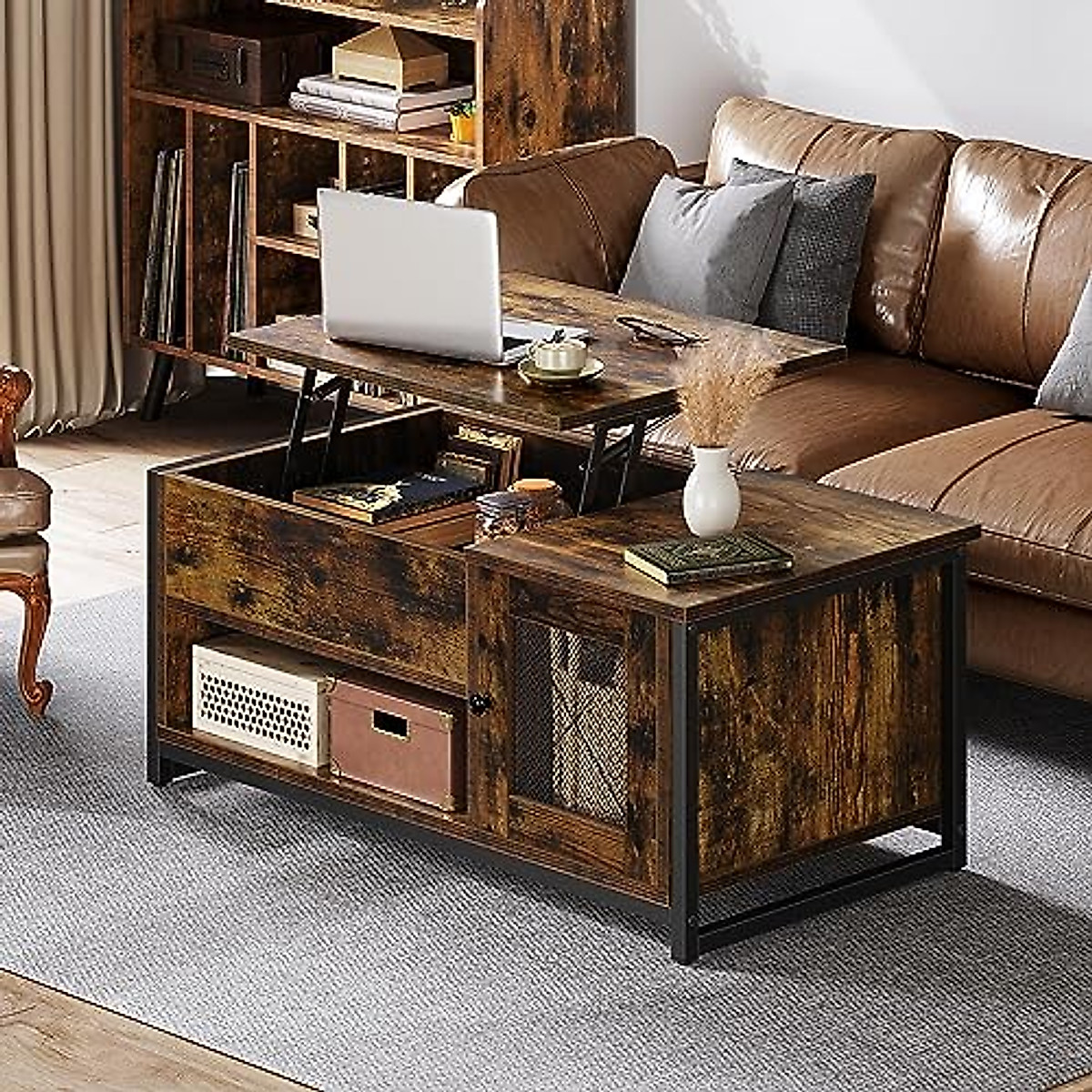 YITAHOME Lift Top Coffee Table, Coffee Table for Living Room,Wood Coffee Table with Storage,Hidden Compartment and Double Metal Mesh Door Cabinet,Rustic Brown