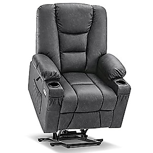 MCombo Power Lift Recliner Chair with Massage and Heat for Elderly, Extended Footrest, 3 Positions, Lumbar Pillow, Cup Holders, USB Ports, Faux Leather 7519 (Medium, Dark Grey)