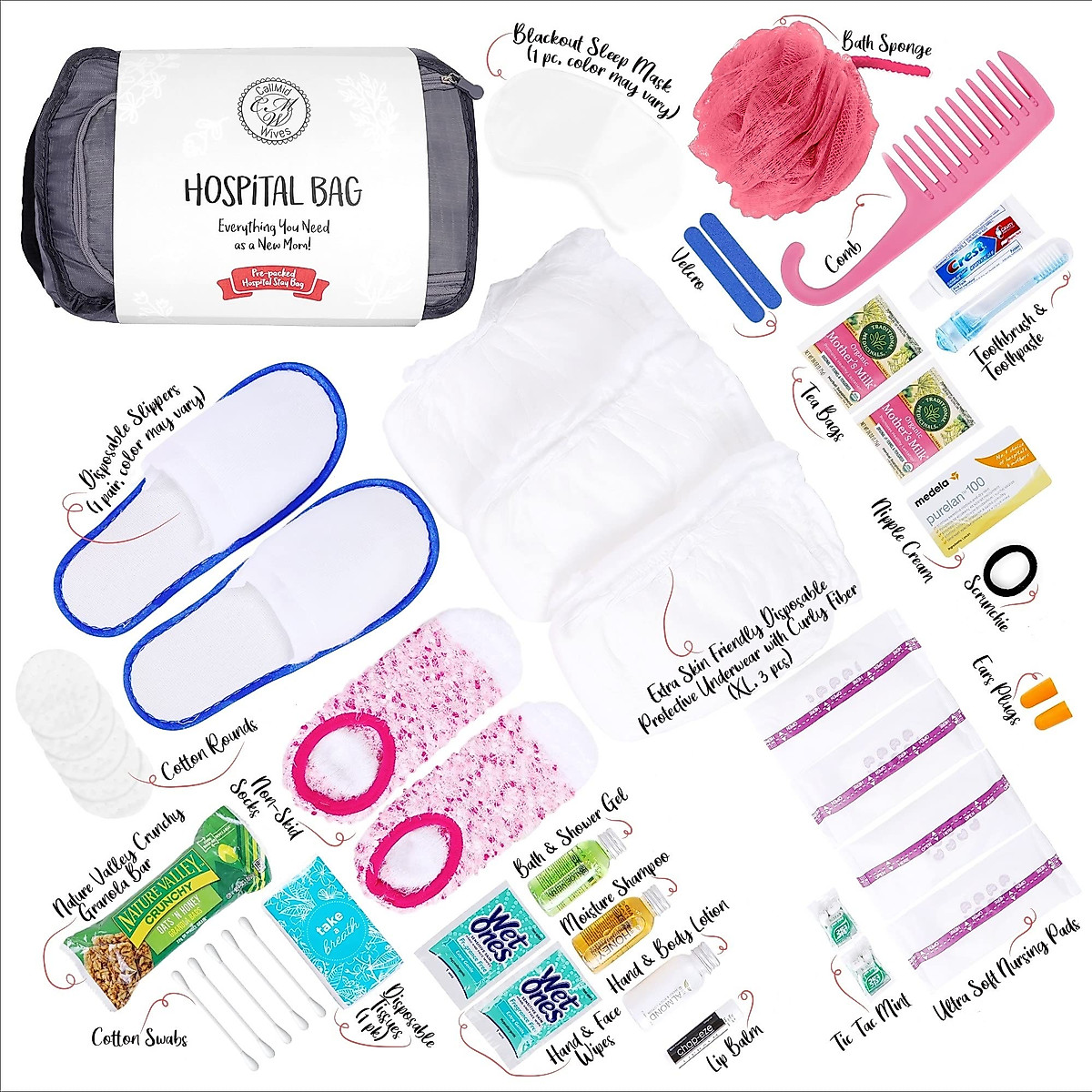 Hospital Bags for Labor and Delivery - Postpartum Essentials for Mom Underwear L/XL Pre Packed Set Gray