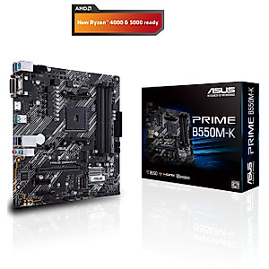 ASUS Prime B550M-K AMD AM4 Zen 3 Ryzen 5000 & 3rd Gen Ryzen Micro-ATX Motherboard (PCIe 4.0, ECC Memory, 1Gb LAN, Dual M.2, USB 3.2 Gen 2 Type-A,HDMI 2.1 4K@60Hz, DVI, D-Sub) Silver