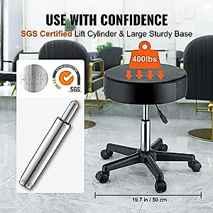 VEVOR Rolling Stools with Wheels, 400 LBS Weight Capacity Adjustable Height Stool with Ultra-Thick Seat Cushion, Swivel Stools Chair for Salon, Bar, Home, Office, Tatoo, Medical, Massage, Black