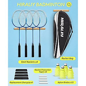HIRALIY Badminton Rackets Set of 4 for Outdoor Backyards Games, Including 4 Rackets, 12 Nylon Shuttlecocks, 4 Replacement Grip Tapes (Blue)
