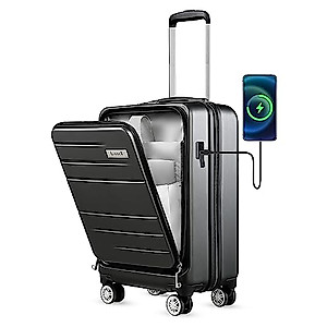 LUGGEX Carry On Luggage 22x14x9 Airline Approved with Laptop Compartment, PC Hard Shell Luggage with USB Port, Black Suitcase with Spinner Wheels