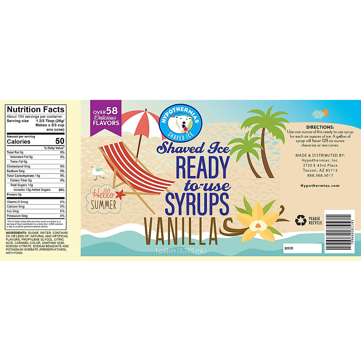 Hypothermias Vanilla Ready to Use Gallon (128 Fl. Oz) Hawaiian Snow Cone Flavors Syrup - Shaved Ice, 100% Pure Cane Sugar