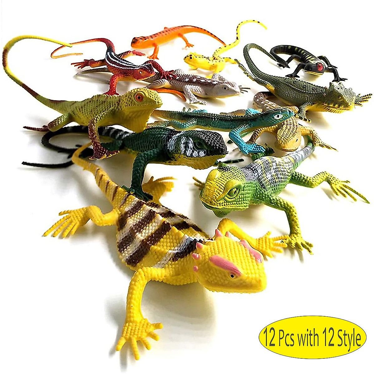 BAINFE 12Pcs Fake Plastic Lizard Toys Colorful Rubber Lizards Action Figure Reptile Toy Lizard Realistic Favors Gag Toys Prank and Prop, 5.5" Lizards 12 Styles