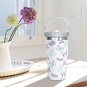 Hachishun Butterfly Tumbler with Handle,Stainless Steel Vacuum Insulated Flip Straw 20oz Butterfly Tumbler Spill Proof Coffee Travel Mug Butterfly Gifts