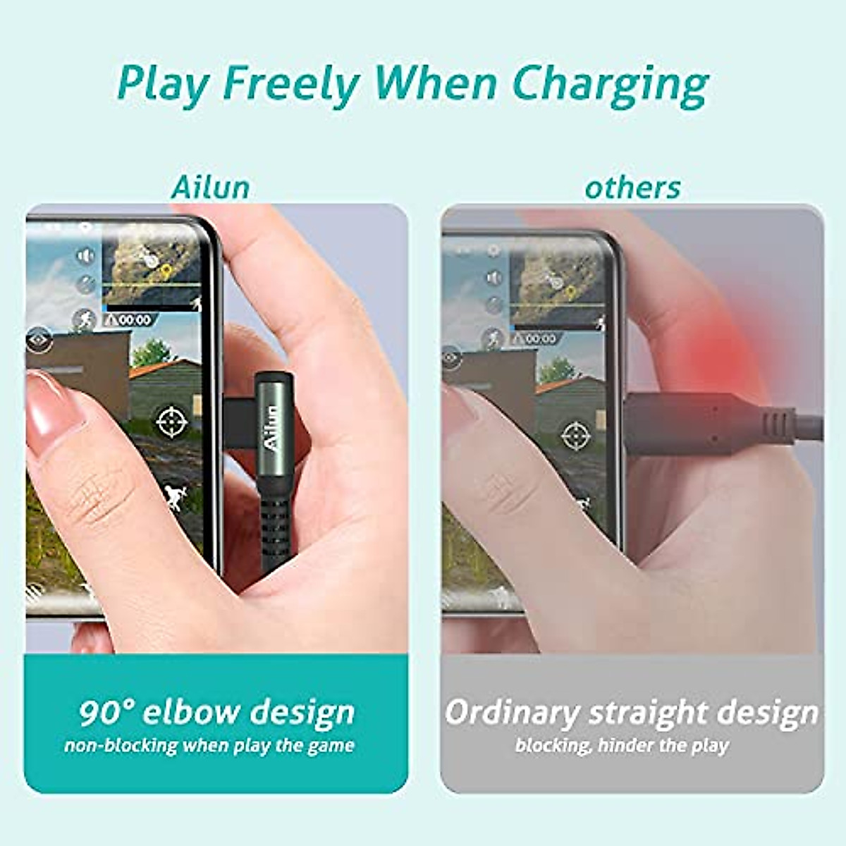 Ailun USB C Cable Right Angle 90 Degree Elbow USB A to C 60W PD Fast Charge Nylon Braided 3Pack [3ft+6ft+6ft] for Galaxy S22/S22+/S22 Ultra, S21 5G, S20 S10 iPad Pro MacBook Switch