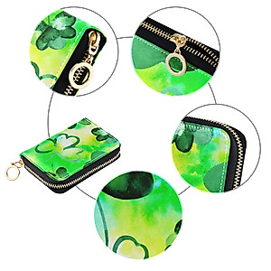 Watercolor Shamrock Clover Seamless Green St. Patrick's DayGrey Credit Card Coin wallet, RFID Blocking Compact Women Leather Card Holder, Key Change Organizer, Zipper Purse Clutch Pouch Pocket