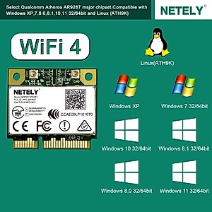 NETELY IEEE 802.11N Mini-PCIE Interface 300Mbps WiFi Adapter for Laptop PCs and Desktop PCs, Mini-PCIE WiFi Card, Qualcomm Atheros AR9287 Wireless Network Adapter (AR9287)