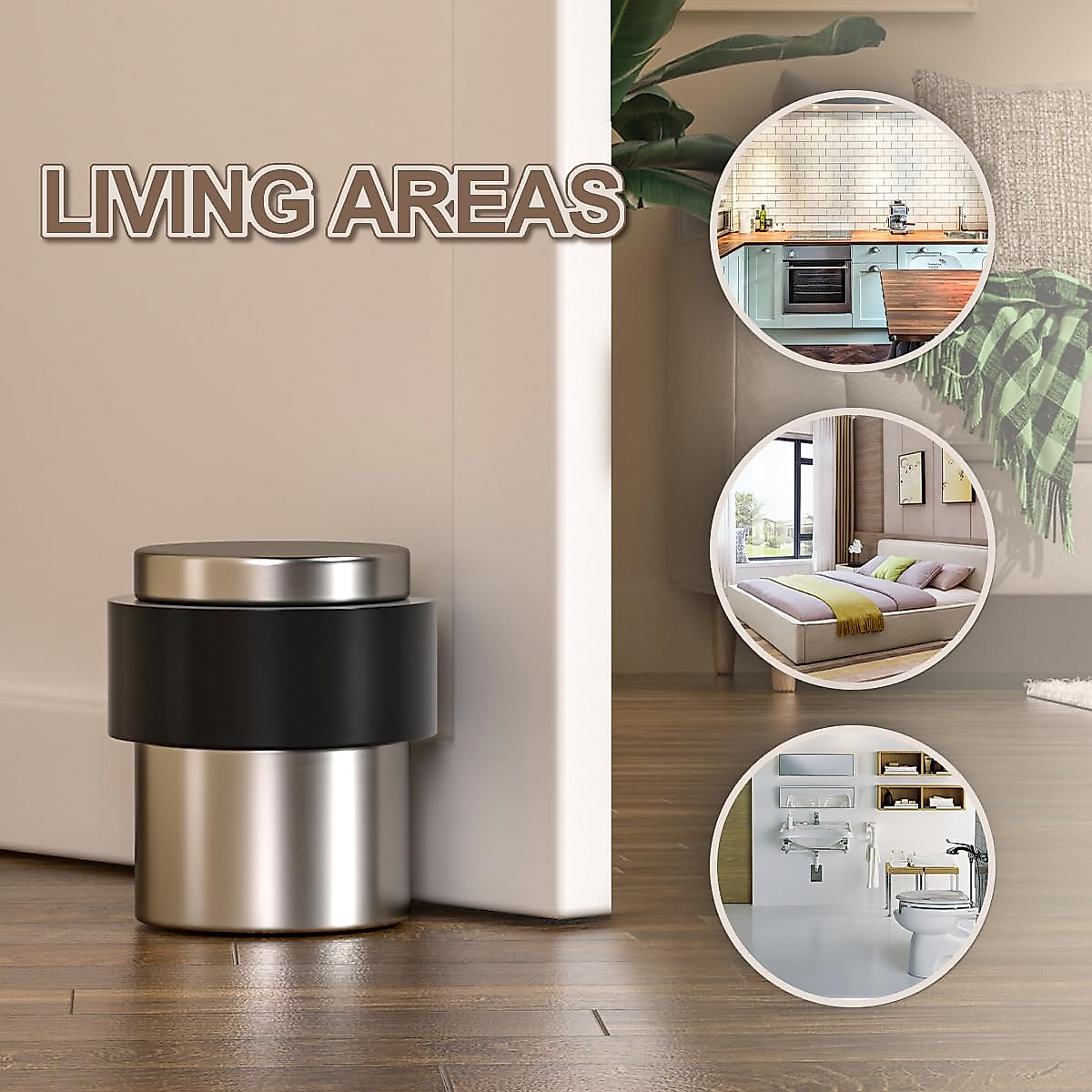 SANATO Nickel Cylindrical Floor Mounted Stainless Steel 304 Door Stop Door Stopper with Black Rubber, 2 Pack