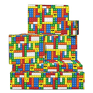CENTRAL 23 Colorful Wrapping Paper - Lego - 6 Sheets of Gift Wrap - Birthday Wrapping Paper for Kids - Building Blocks With Faces - Boys and Girls - Comes With Fun Stickers