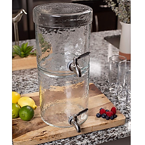 BIRDROCK HOME 2 Gallon Stacking Beverage Dispenser with Lid - Hammered Glass - Stainless Steel Spigot - Decorative Round Jar for Drinks - Lemonade Sangria Tea Water Drink Jar Jug - Home Parties