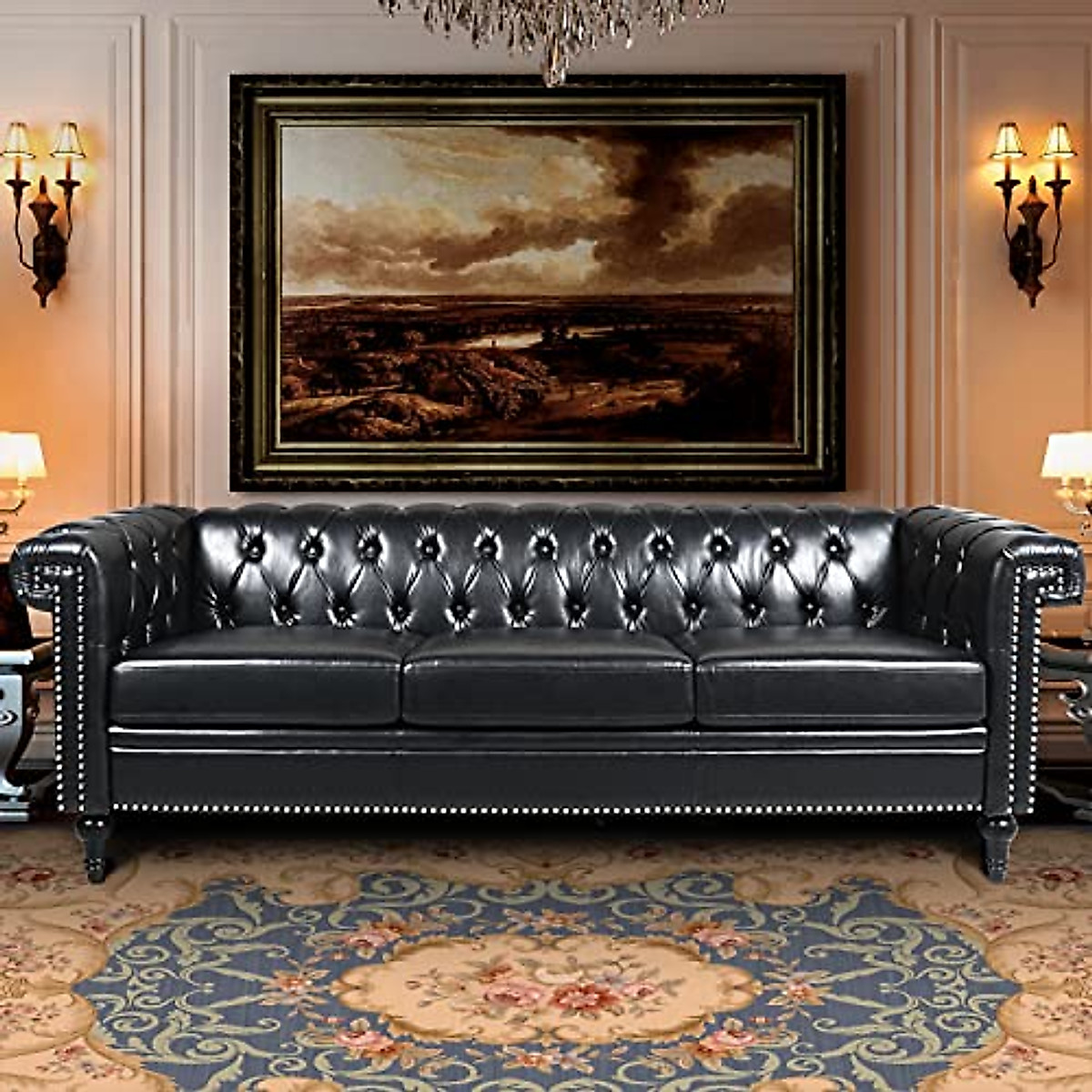 Vaztrlus Chesterfield Sofas Couches for Living Room, Square Arm 3-Seater Faux Leather Large Couch Deep Button Nailhead Tufted Black Upholstered Couches for Bedroom, Office Easy to Assemble