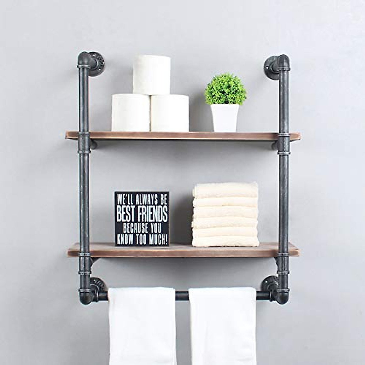 Industrial Pipe Towel Rack,Bathroom Shelves Wall Mounted,Rustic 2 Layer Bathroom Shelf with Towel Bar,Metal Storage Wall Shelf for Kitchen,Floating Shelves,Bathroom Shelves Over Toilet