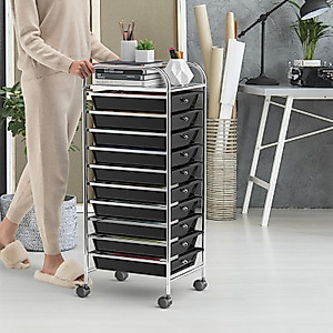 Byroce 10 Tier Drawer Rolling Storage Cart, Tools Scrapbook Paper Organizer Trolley with 360° Rotating Wheels and PP Drawers, Sturdy Metal Frame, Unity Storage Cart for Home, School, Office (Black)