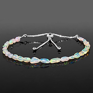 ZEMBIENCE Natural Ethiopian Opal Gemstones Bolo Bracelets, Plain Nuggets Beads, Silver Plated, Handmade, Libra Zodiac, Adjustable Slider. Statement, Gift for Women. Size 10"