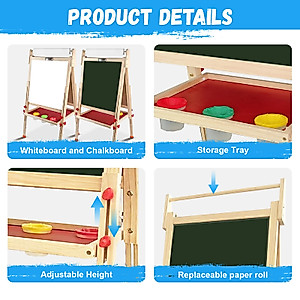 Easel for Kids Including 100+ Accessories - White Board for Kids and Black Board Double Sided Adjustable Wooden Kids Easel with 1 Drawing Paper Roll Wooden Magnetic Drawing Board for Kids