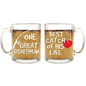 AW Fashions One Great Fisherman, Best Catch Of His Life Coffee Mug Couples Set 13oz - Gift for Husband and Wife - Him And Her Newlyweds Wedding Anniversary Bridal Gift Mr and Mrs Housewarming