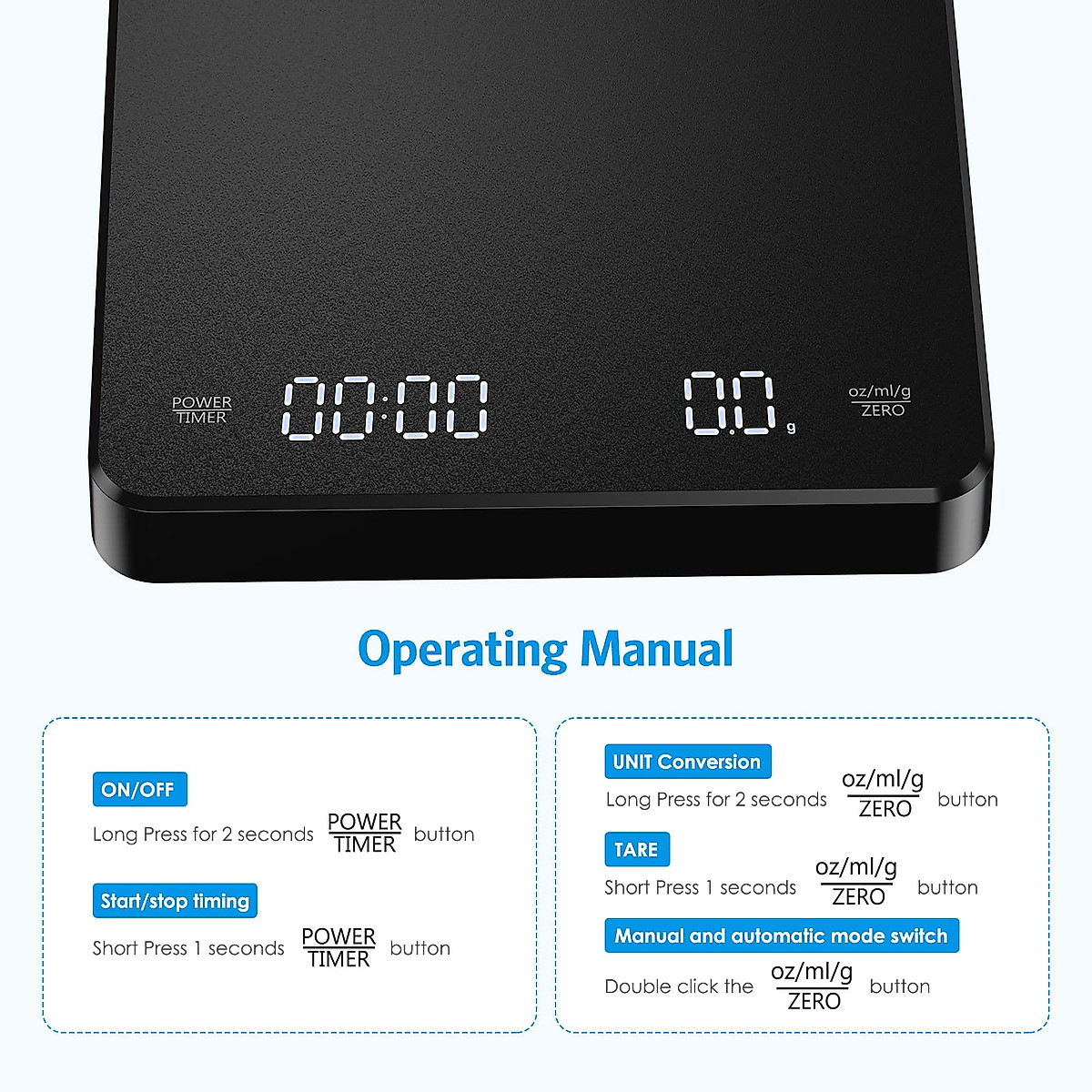 Olipiter Digital Coffee Scale with Timer, Drip Espresso Scale 3kg/0.1g High Precision, Rechargeable Portable Espresso Scale, Black