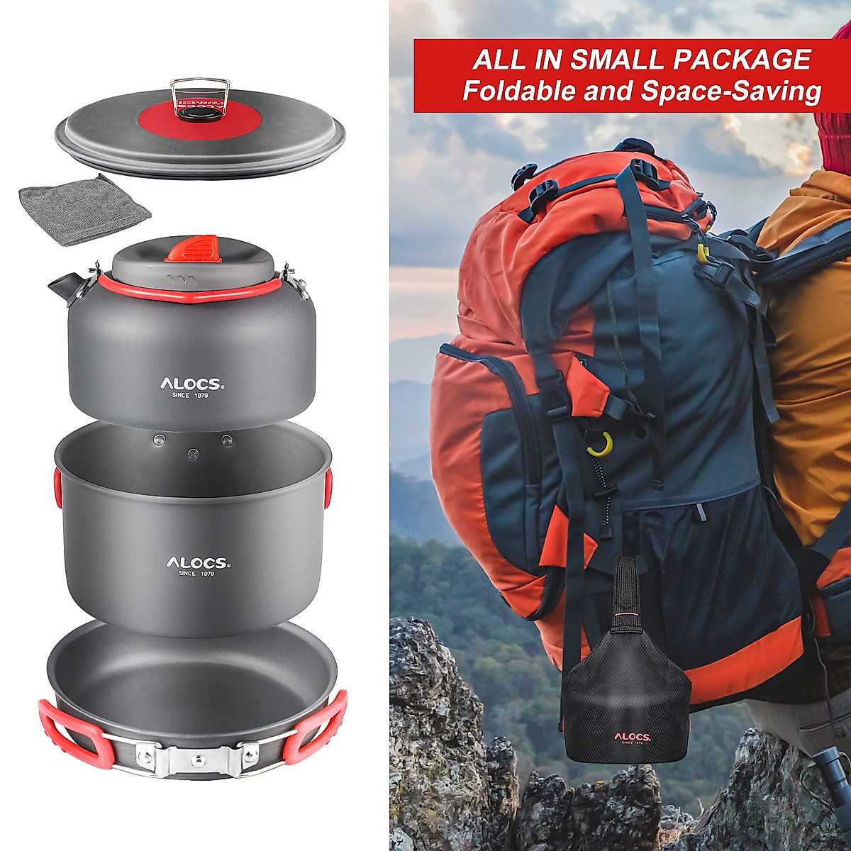 Alocs Camping Cookware, Alumina Camping Cooking Set with Camping Kettle, Lightweight Portable Camping Gear, Non-Stick Camping Pan Included Storage Carry Bag for Outdoor Backpacking Hiking and Picnic
