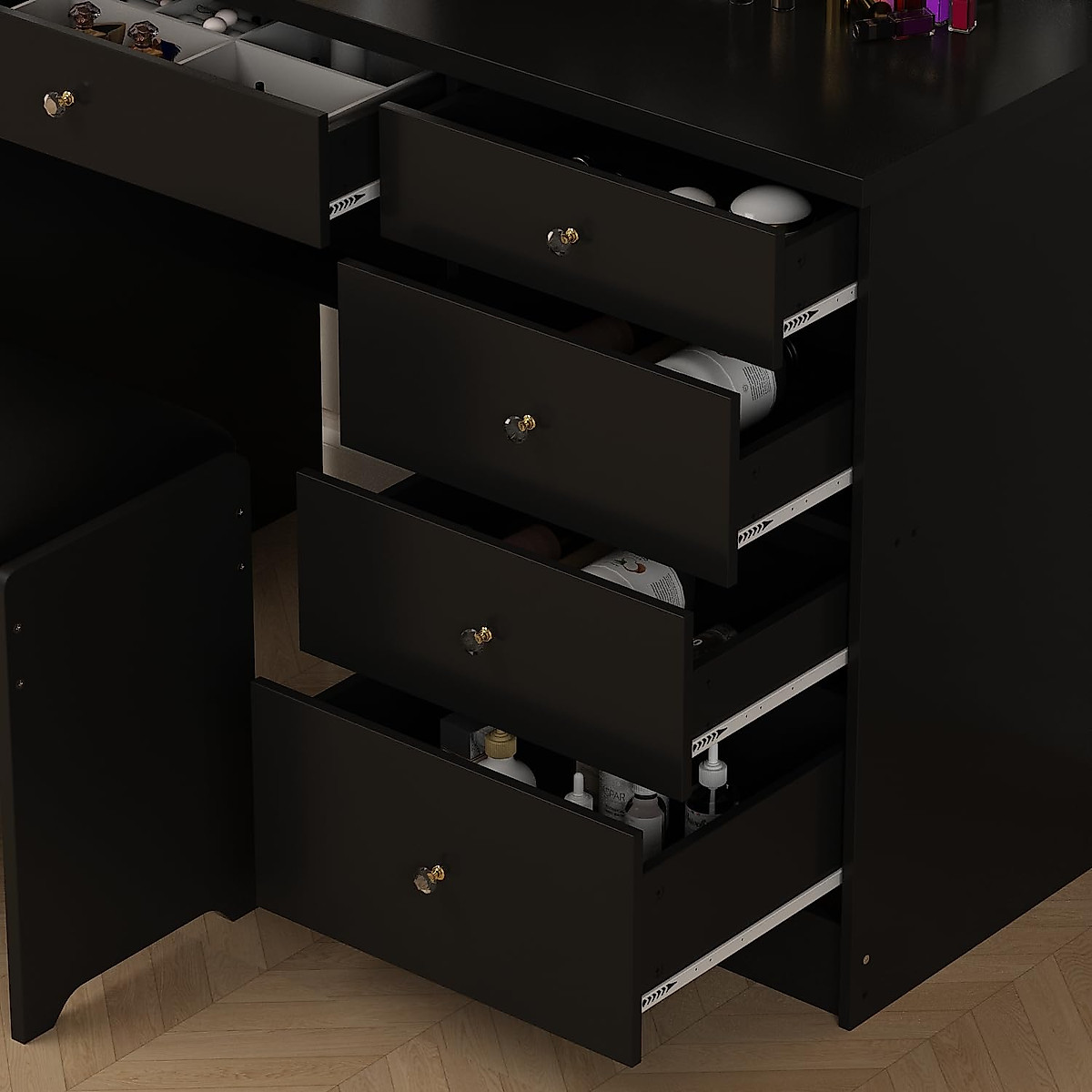 Hitow Vanity Desk Set with Sliding Lighted Mirror, Makeup Vanity with Drawer & Shelf, Dressing Table with Cushion Stool & Hidden Storage for Bedroom, Black