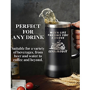 Onebttl Motorcycle Gifts for Men, When Life Throws You a Curve, Lean into it, Stainless Steel Beer Stein Tumbler, 24oz Beer Mug with Lid