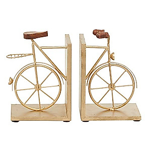 Deco 79 Metal Bike Bookends with Wood Accents, Set of 2 7"W, 9"H, Gold