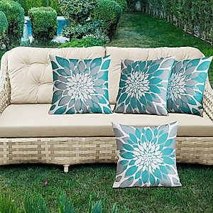 Qahing Pack of 4 Outdoor Waterproof Pillow Covers 24x24 Decorative Outdoor Throw Pillows Garden Square Cushion Cases for Patio Furniture, Couch, Tent Sunbrella, Bench, Teal Turquoise Grey