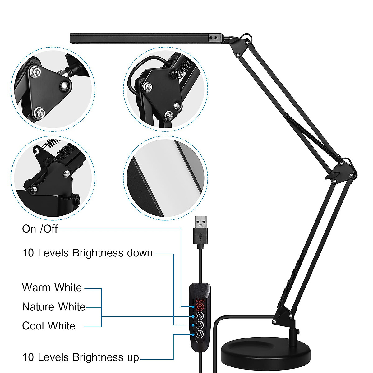 TROPICALTREE LED Desk Lamp with Clamp and Round Base,Eye Caring Table Lamp with Swing Arm,3 Color Modes 10 Brightness Levels,Memory Function, Desk Light for Home Office with USB Adapter Black-14W