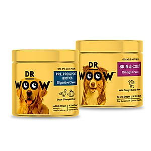 Dr Woow Pre, Pro, PostBiotic+ Salmon SkinHealth Soft Chew Supplement Bundle - Dog Vitamins, Zinc, Biotin, Probiotics, Omega 3 Fish Oil, and Wild Alaskan Salmon Oil, Cure Itchy Skin