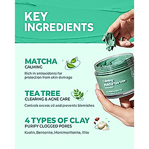 Glam Up - Calming Matcha Tea tree Clay Mask - Vegan Face Mask, Deep Cleansing, Calming Clay Mask for acne, Gentle Exfoliating Pore Purifying Skincare Face Mask, Acne Treatment, Blackhead remover - (125ml/4.23 Oz)
