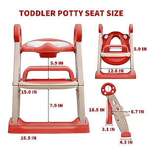 Potty Training Seat with Ladder, Toddler Toilet Seat with Double Step Stools, Newest Potty Training Toilet with Anti-Slip and Mushroom Shape Design for Kids Boys and Girls(Red)