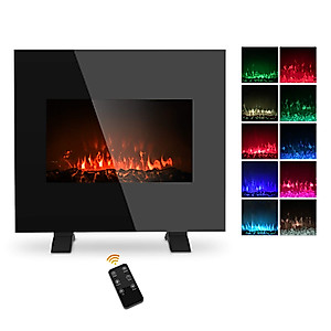 Electric Fireplace Wall Mounted Heater, 1500W Freestanding Fireplace Heater with 10 Colorful Flame Brightness Adjustment, 3D Realistic Flame Effect, Full Screen Glass & Remote Control, 26 Inch