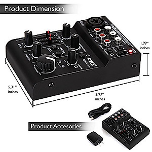 Pyle 3 Channel DJ Controller - USB Mixer Sound Audio Recording Interface with XLR & 3.5 mm Microphone Jack, Line In RCA, Rechargeable Battery, Mix Monitoring, For Professional/ Beginners - PAD15MXU