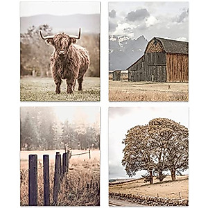 RUIYAN Farmhouse Landscape Wall Art, Highland Cow Decorations, Western Country Photography Canvas Art Prints for Living Room Bedroom Decor, Fall Forest Nature Prints, Set of 4(8''x10'', Unframed)