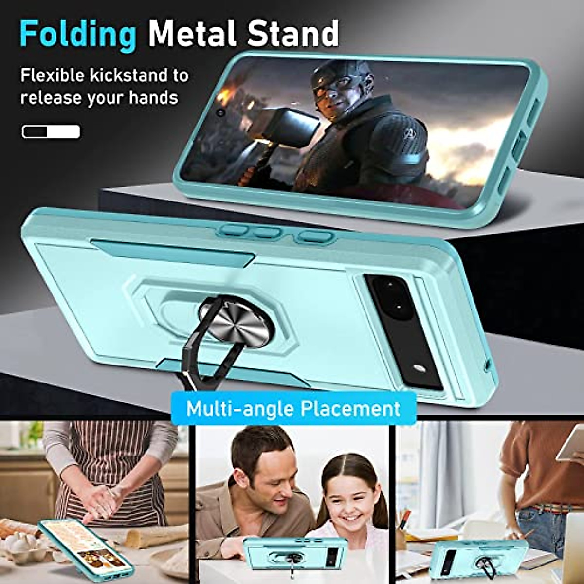 Google Pixel 6a 5G Case with Screen Protector + Camera Lens Protector,Heavy Duty Shockproof Full Body Protective Phone Cover,Built in Rotatable Magnetic Ring Holder Kickstand,2022 Mint Green