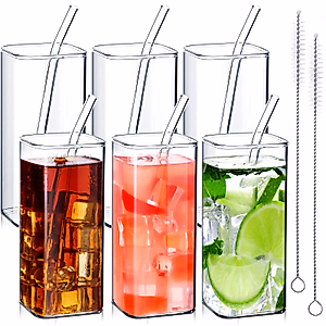 Inbagi 6 Pcs 13.5 oz Square Drinking Glasses Thin Square Glass Cups Clear Kitchen Glassware Elegant Bar Glasses Highball Glasses Tumbler for Water, Wine, Juice, Beer, Cocktail, Coffee and Mixed Drinks