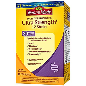 Nature Made Ultra Strength 12 Strain Digestive Probiotics, Dietary Supplement for Digestive Health Support, 25 Probiotic Capsules, 25 Day Supply