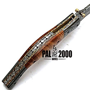 PAL 2000 HUNTING KNIVES FOL-8459 Handmade Damascus Steel Pocket Knife Olive Wood Handle With Sheath