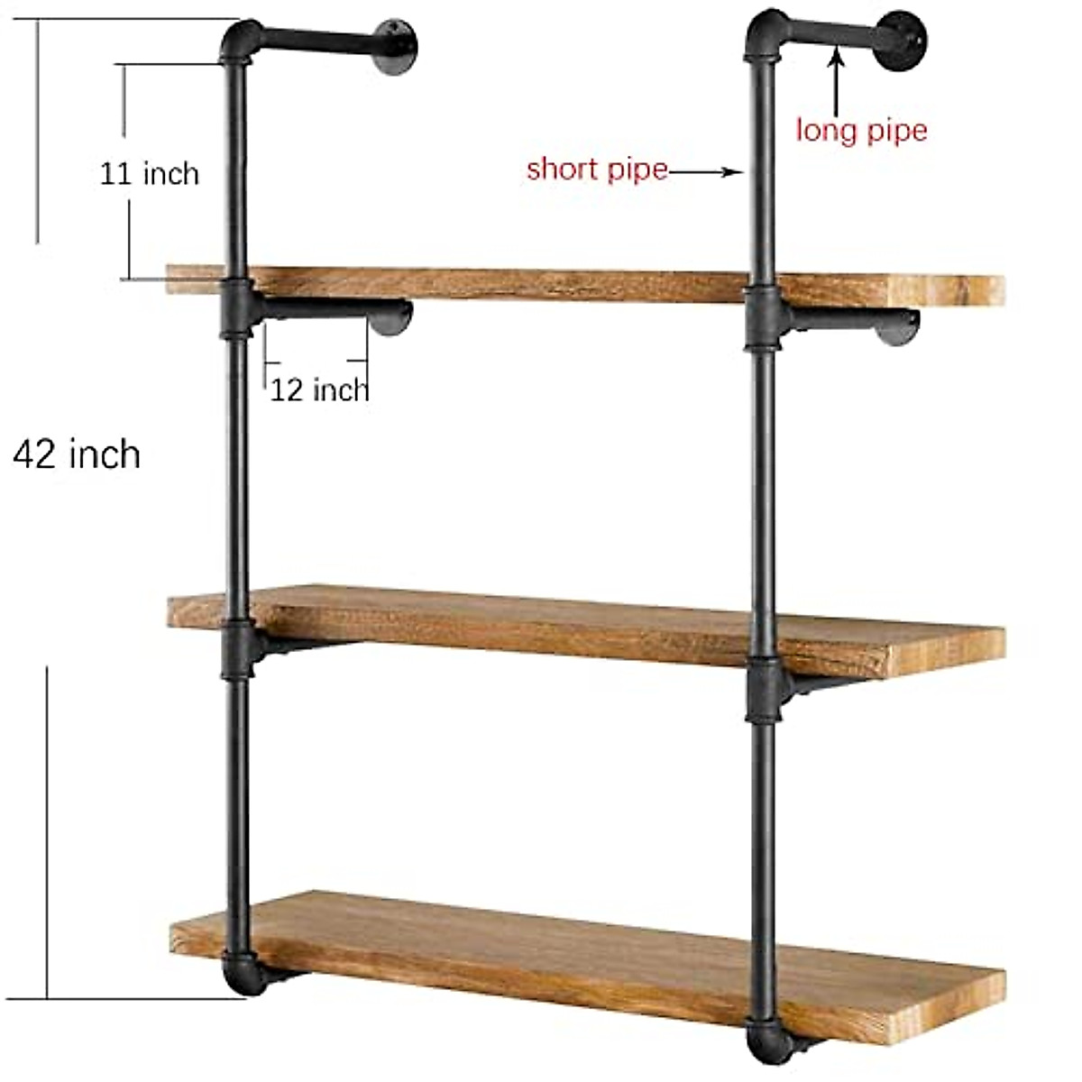 Yuanshikj 2Pc (42" Tall) (12" deep) Industrial Wall Mount Iron Pipe Shelf Shelves Shelving Bracket Vintage Retro Black DIY Open Bookshelf DIY Storage offcie Room Kitchen (2 Pcs 4Tier Hardware Only)