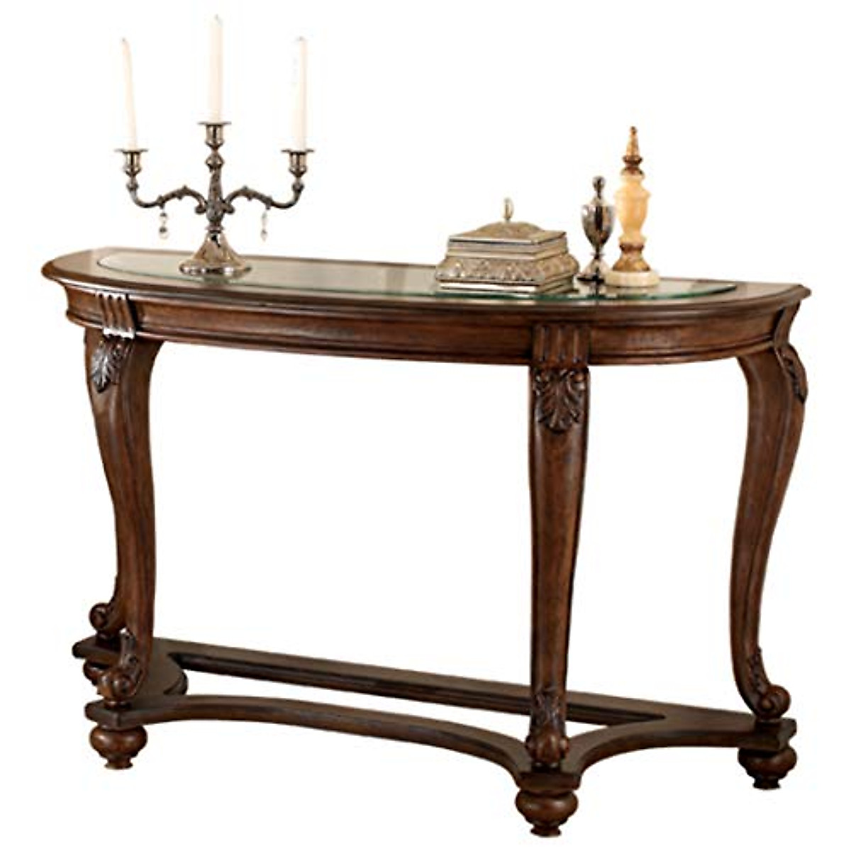 Signature Design by Ashley Norcastle Traditional Half Moon Sofa Table with Beveled Glass Top and Scrollwork Legs, Dark Brown